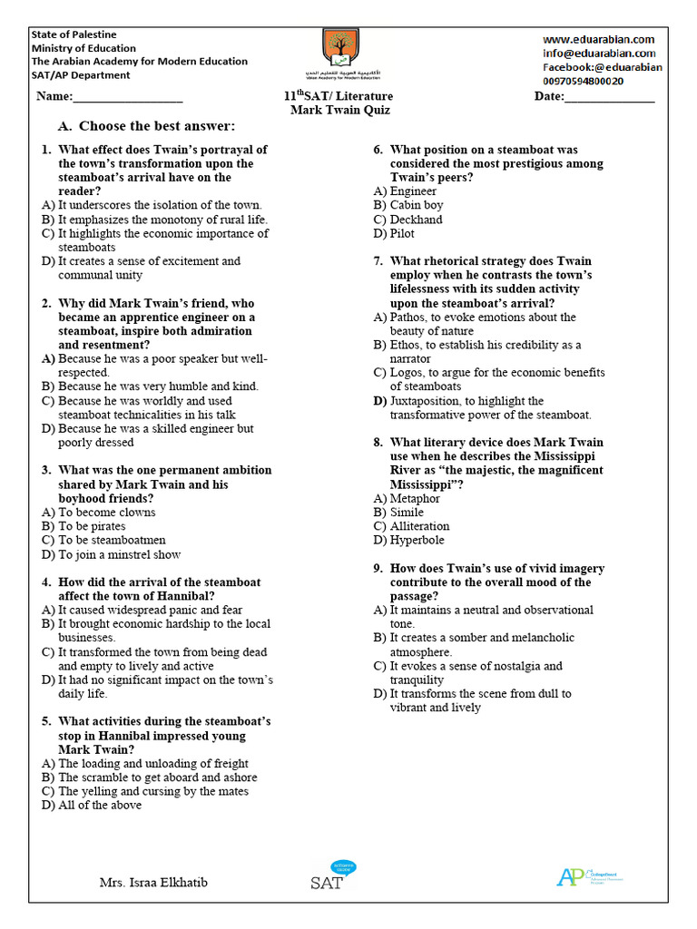 Mark Twain Quiz: Literature and Vocabulary | PDF | Mark Twain | Satire