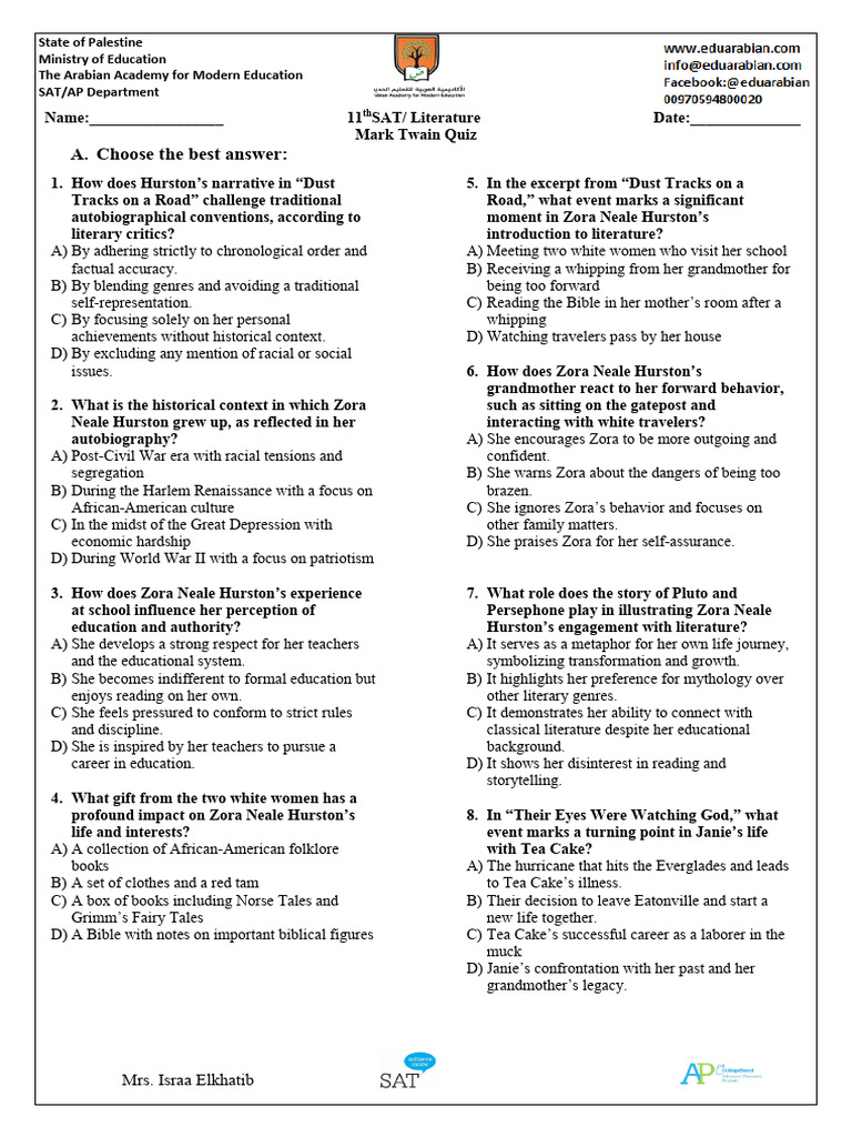 Mark Twain Quiz on Zora Neale Hurston | PDF