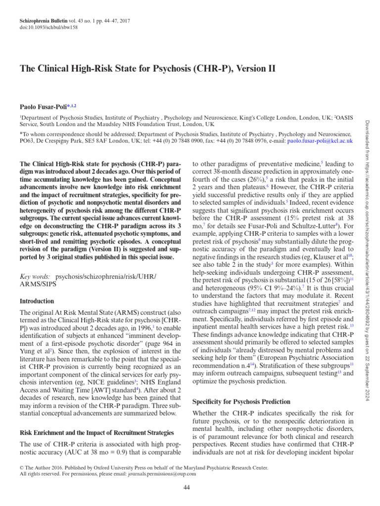 The Clinical High-Risk State For Psychosis (CHR-P) Version II | PDF ...