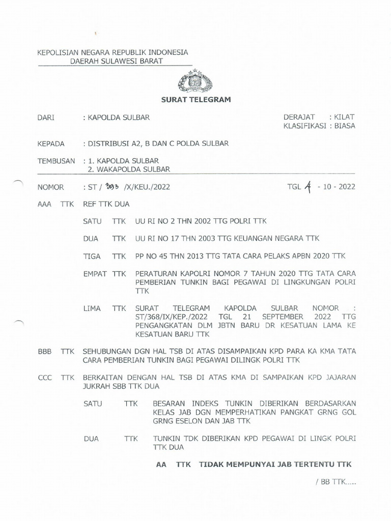 St 393 x Keu. 2022 Ttg Jukrah Tata Cara Pemberian Tunkin Bg Polri | PDF