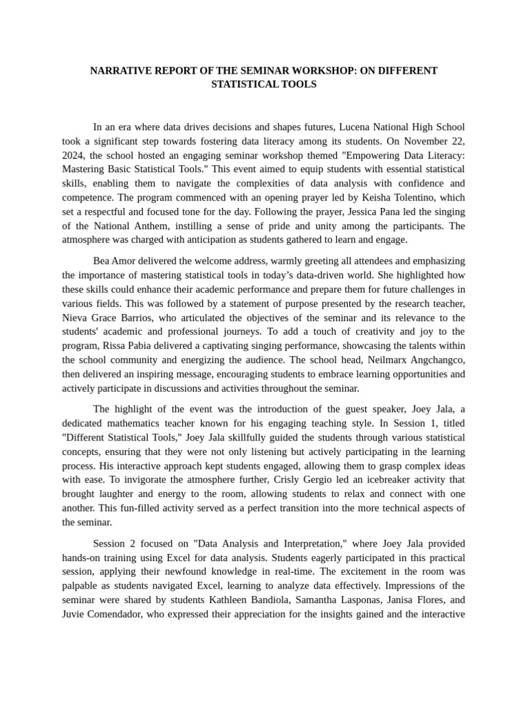 Narrative Report of The Seminar Workshop | PDF | Data | Learning