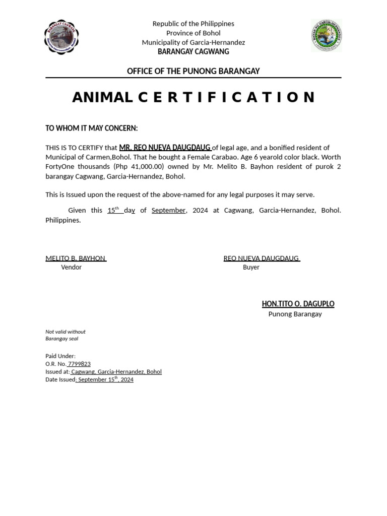Animal Certification for Carabao Purchase | PDF