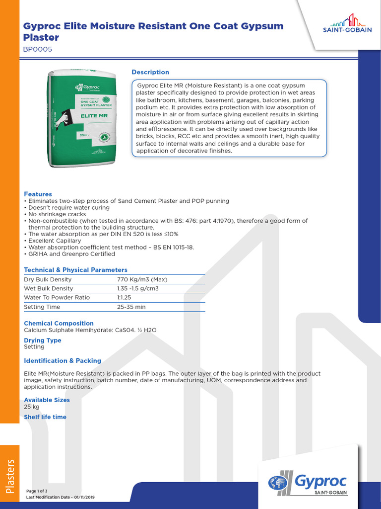 Gyproc Elite Moisture Resistant One Coat Gypsum Plaster | PDF | Plaster ...