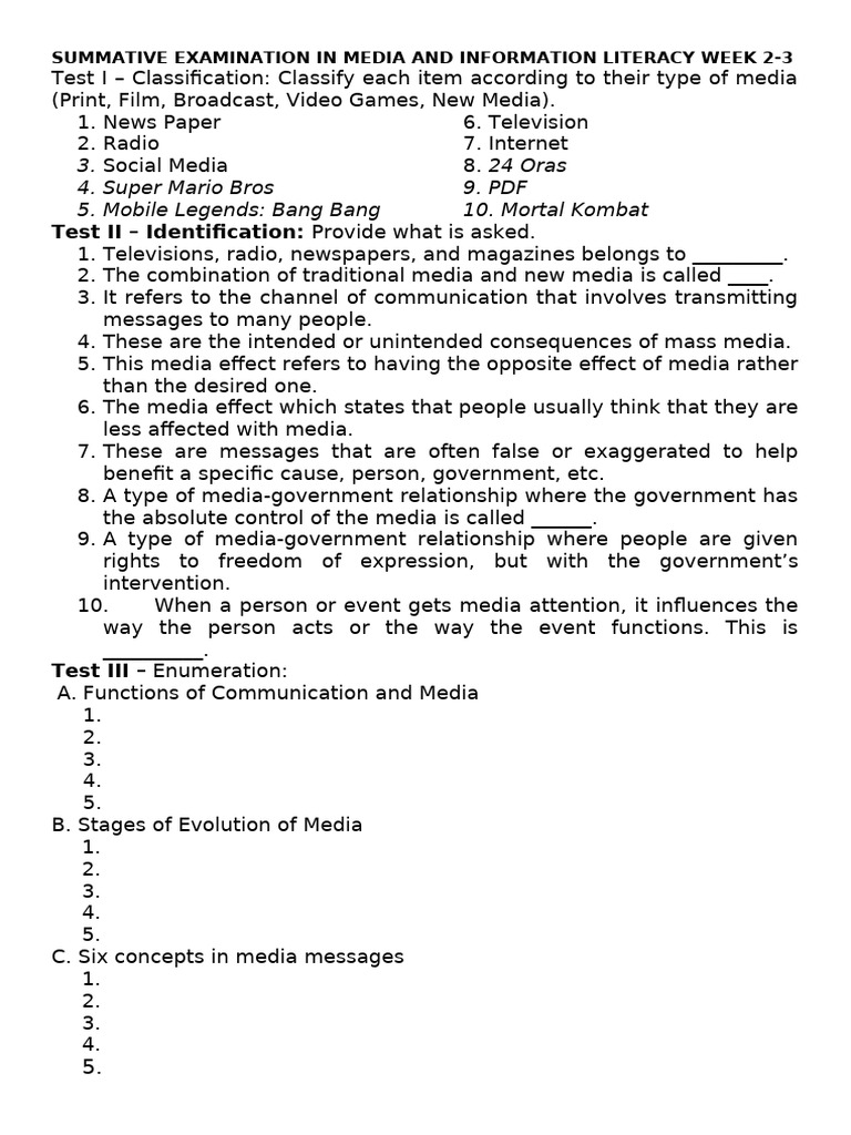 Summative Examination in Media and Information Literacy Week 2 | PDF ...