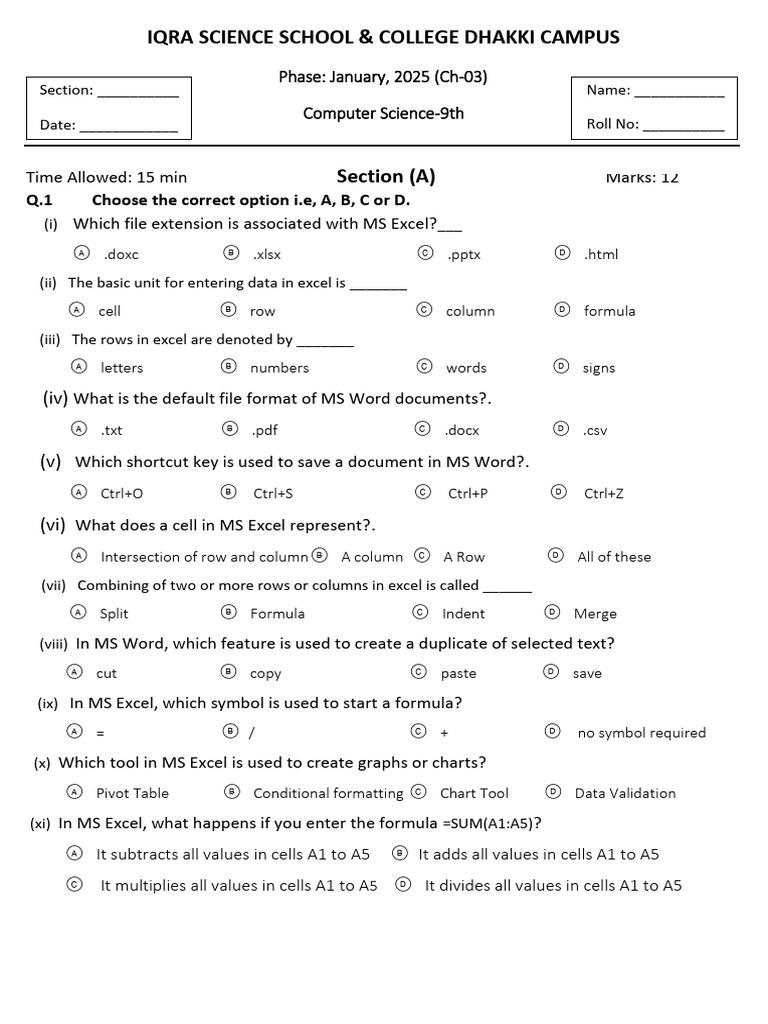 CL-9th Computer Science PPR (ch-3) | PDF | Microsoft Excel | Spreadsheet