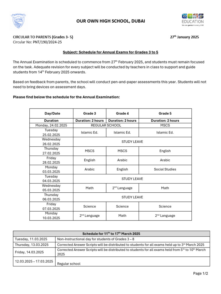 Circular - Schedule For Annual Exams For Grades 3 To 5 | PDF