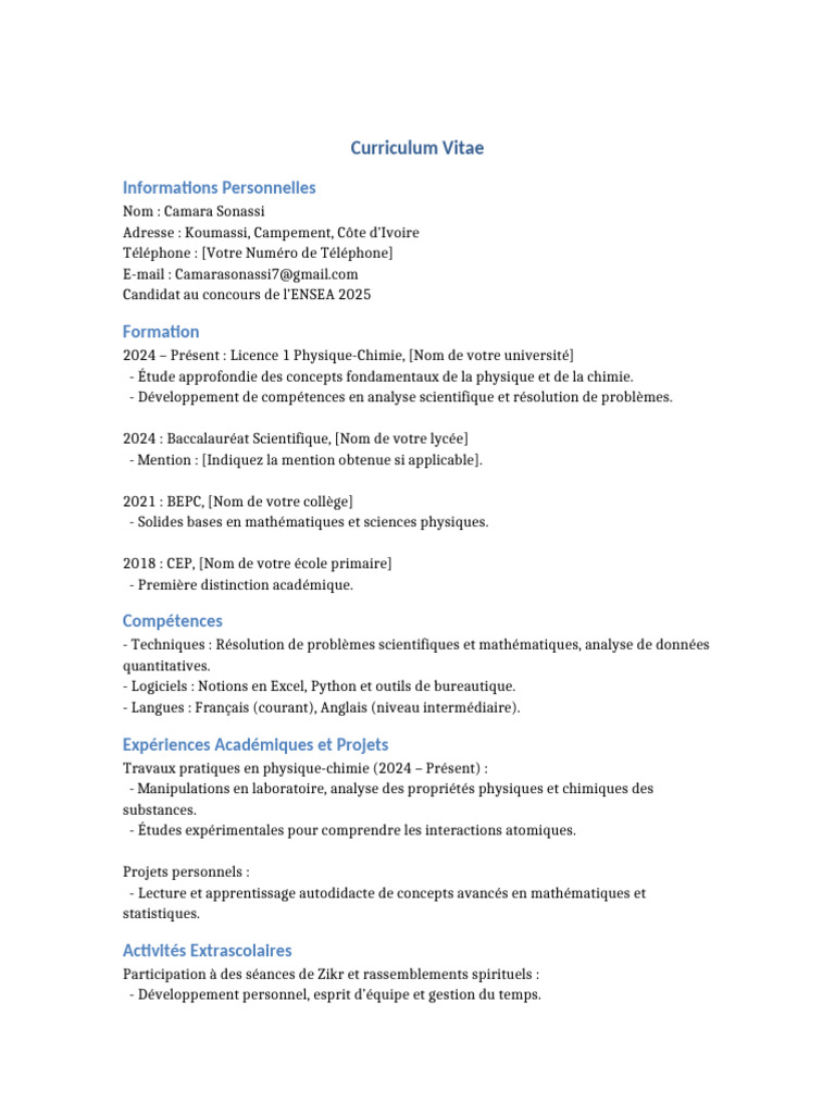 CV de Camara Sonassi - Candidat ENSEA 2025 | PDF