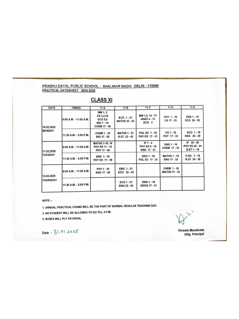 PRACTICAL DATESHEET (Class XI) | PDF