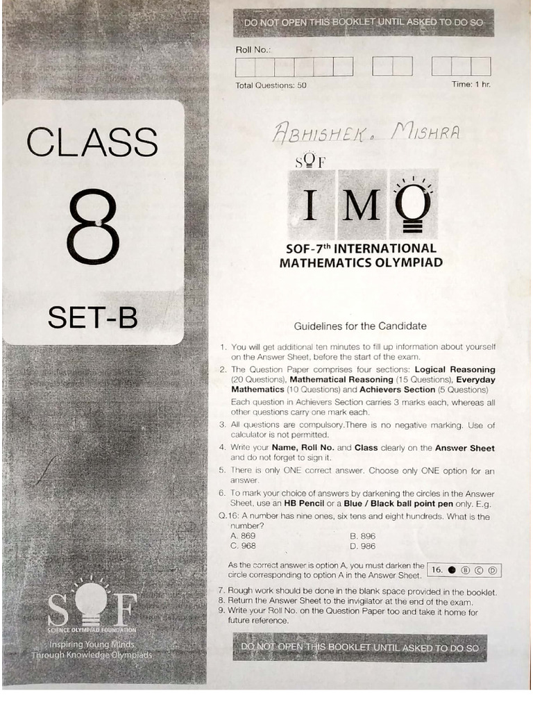 Class 8th IMO Question Paper | PDF