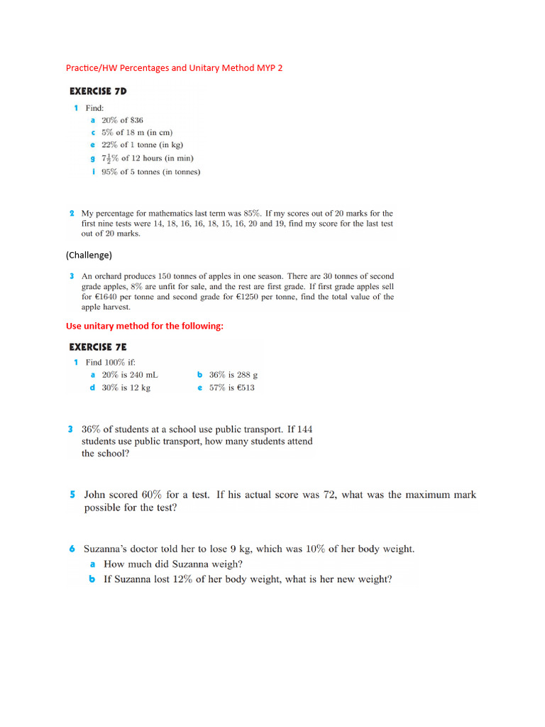 HW and Class Prac Percent Unitary Method MYP 2 7d 7e | PDF