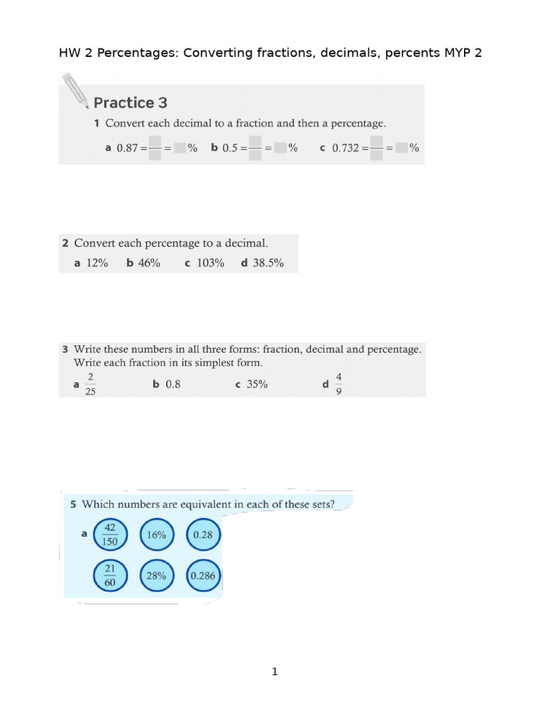Percentages: Fractions, Decimals, MYP 2 | PDF