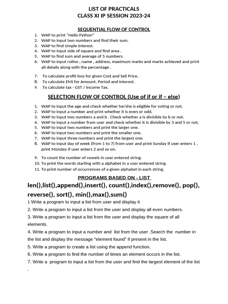 List of Practicals Class Xi Ip 2023-24 | PDF | Function (Mathematics) | Table (Database)