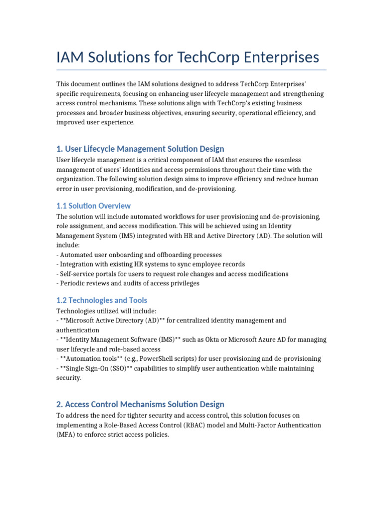 Iam Solutions For Techcorp Enterprises: 1. User Lifecycle Management Solution Design | PDF ...