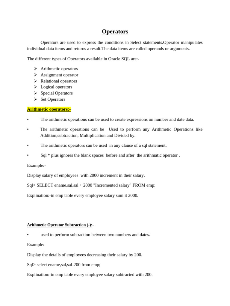 Operators(Oracle) | PDF | Table (Database) | Sql Operators(Oracle) | PDF | Table (Database) | Sql