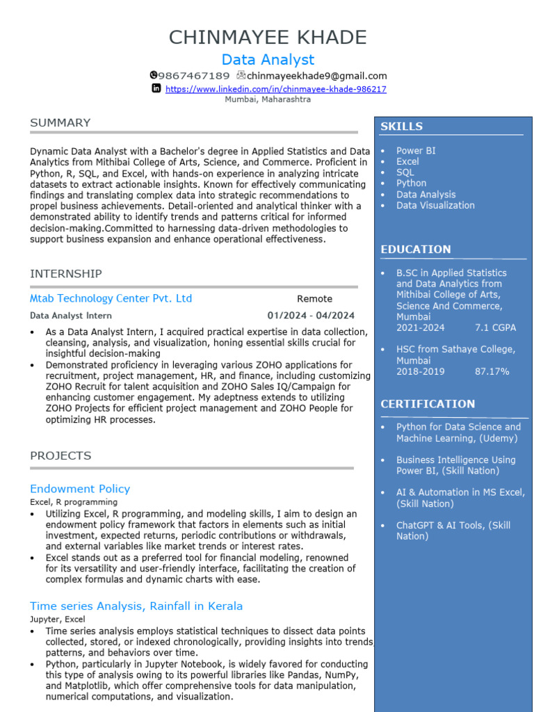 Data Analyst Profile: Chinmayee Khade | PDF | Data Analysis | Data