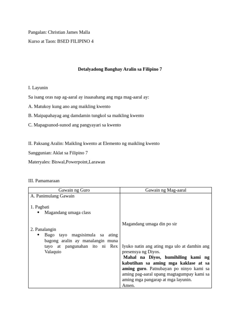 Lesson Plan Sa FILIPINO 7 | PDF