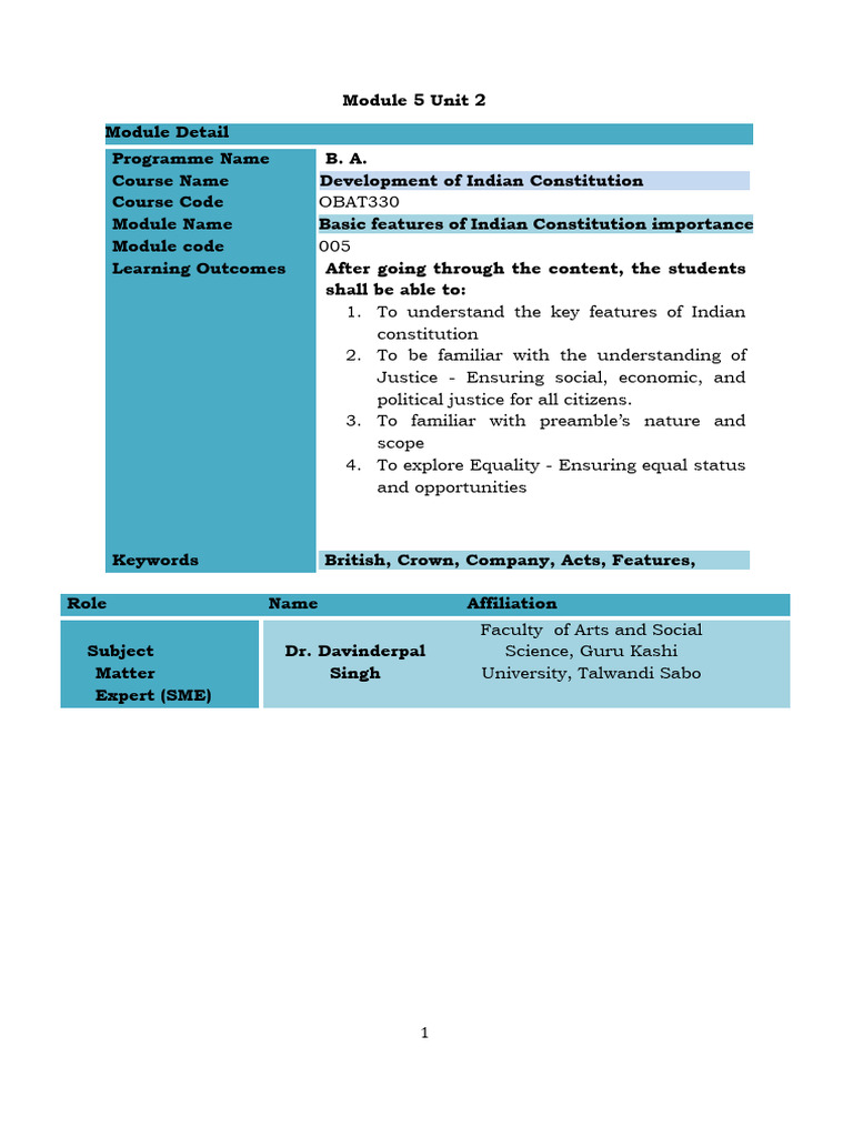 Module 5 Unit 2 Basic Features of Indian Constitution | PDF | Government Of India | Constitution