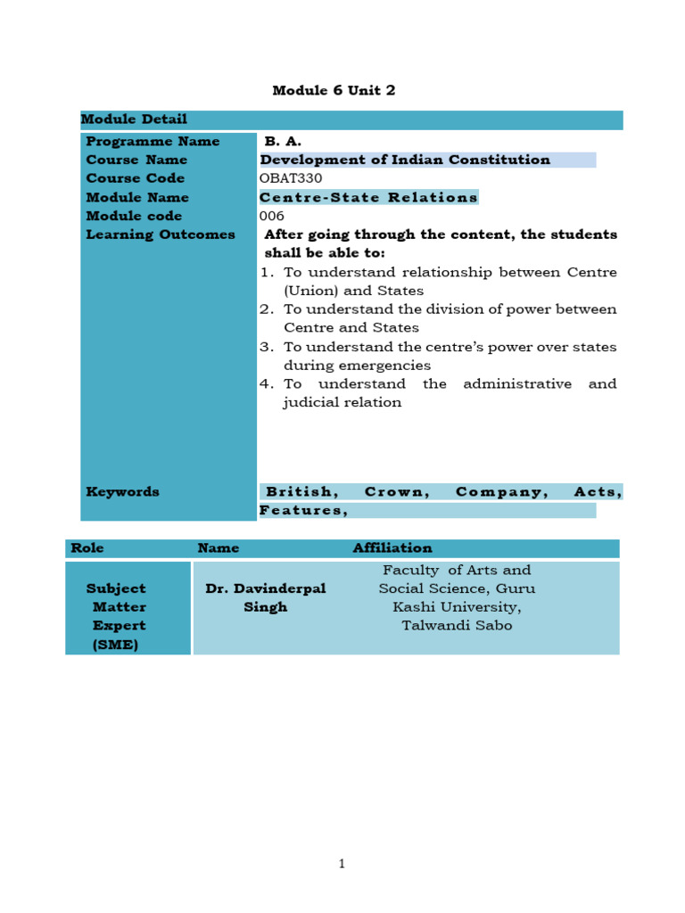 Module 6 Unit 2 Centre-State Relation | PDF | Government | Political Science