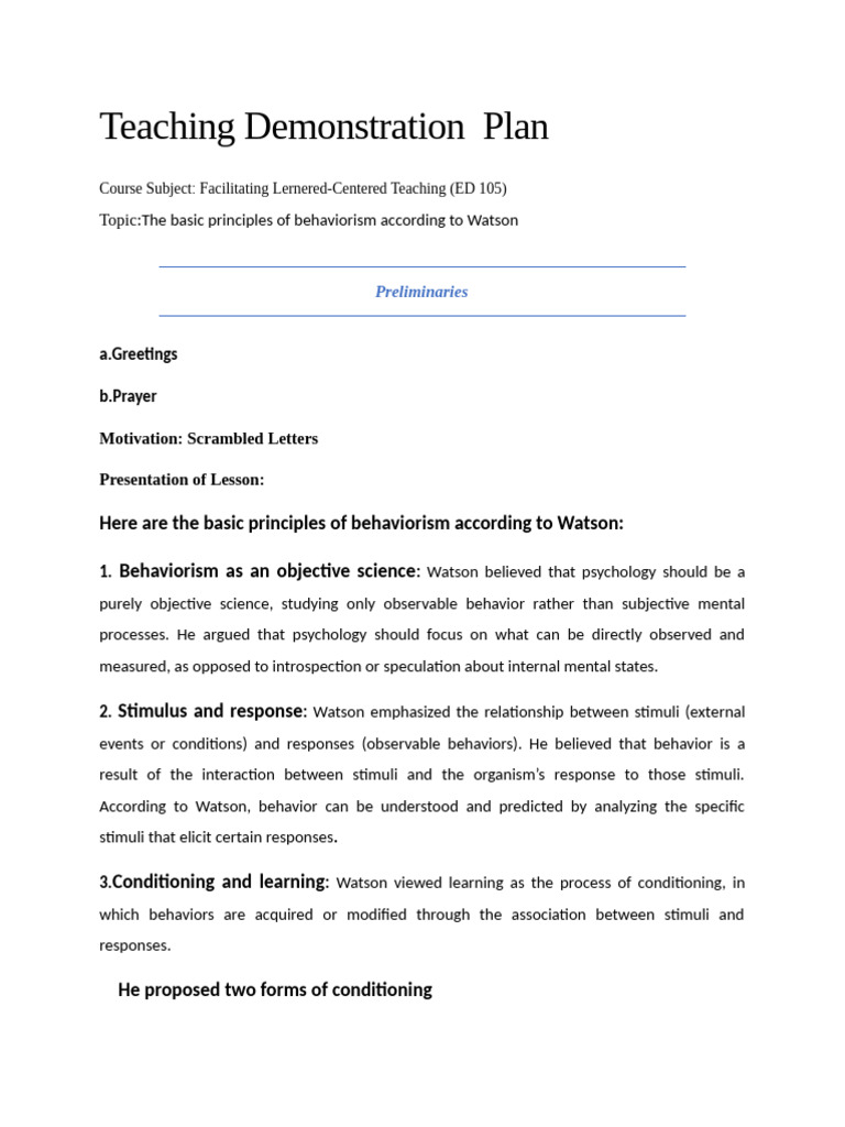 Teaching Demonstration Plan Template | PDF | Classical Conditioning | Behaviorism