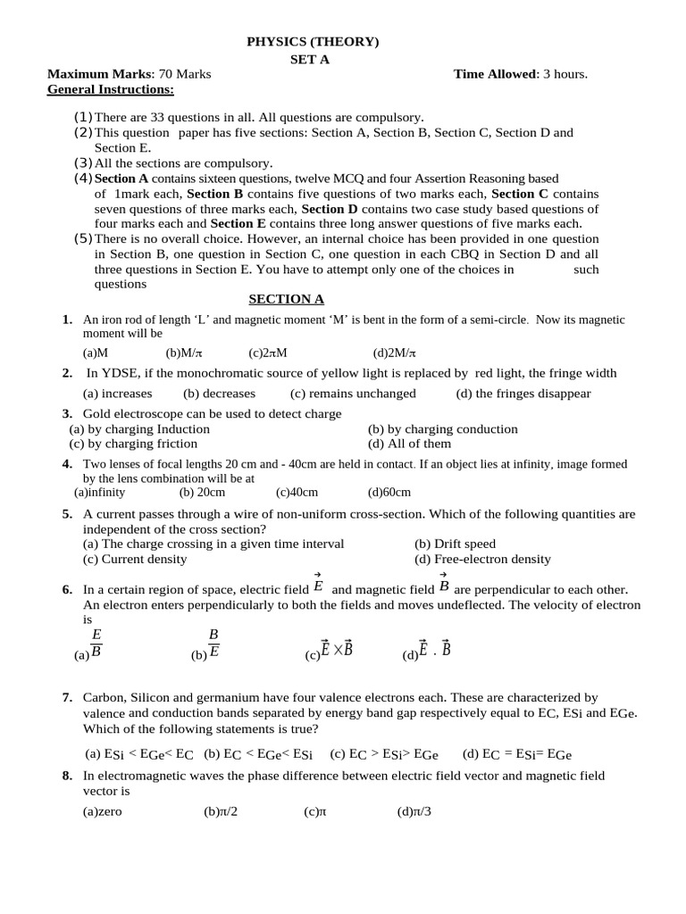 Final physics 12 paper February 2024 SET A(2) | PDF | Inductor | Dielectric