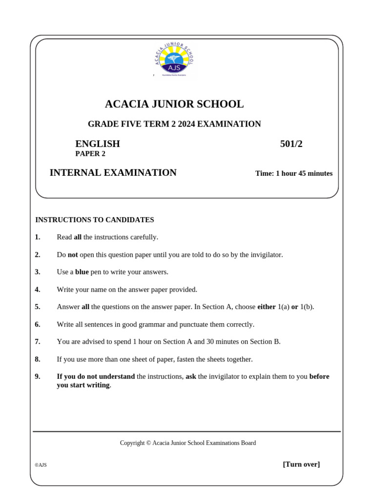 English Paper 2 Grade 5 Term 2 2024 | PDF