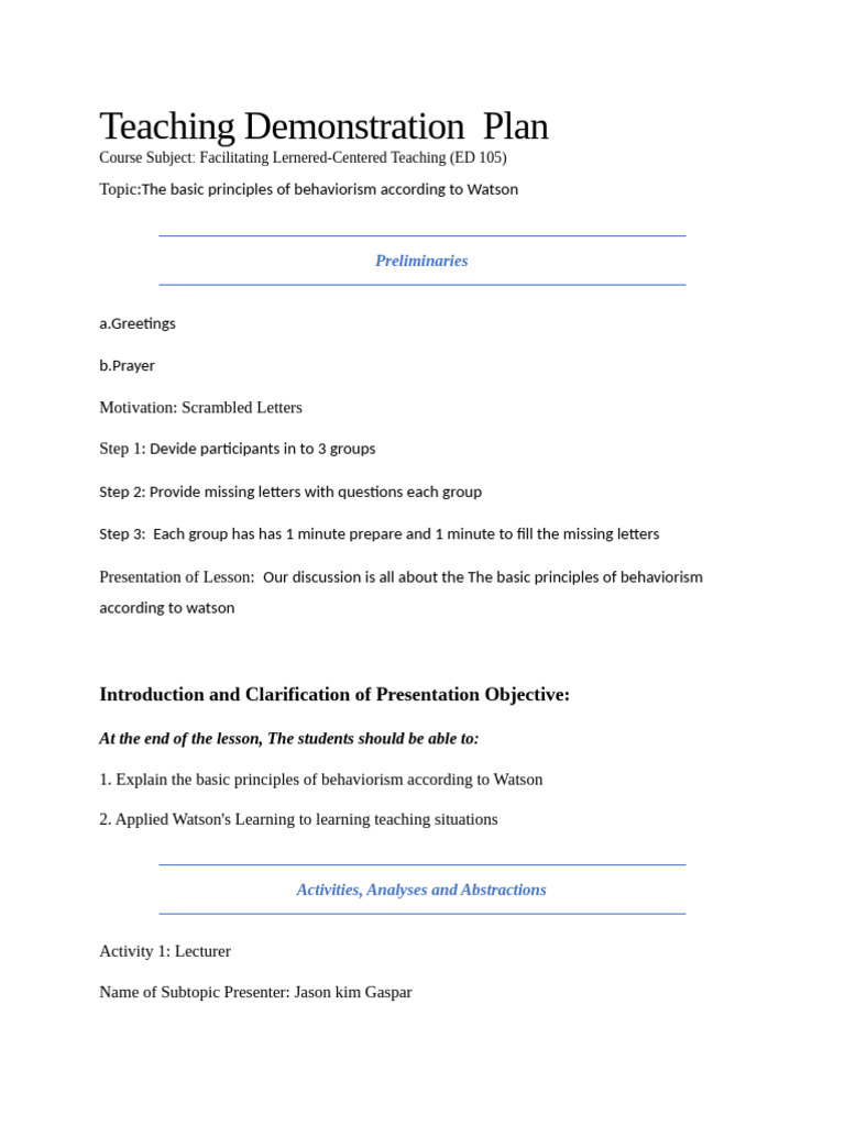 Teaching-Demonstration-Plan-Template (5) | PDF | Classical Conditioning | Behaviorism