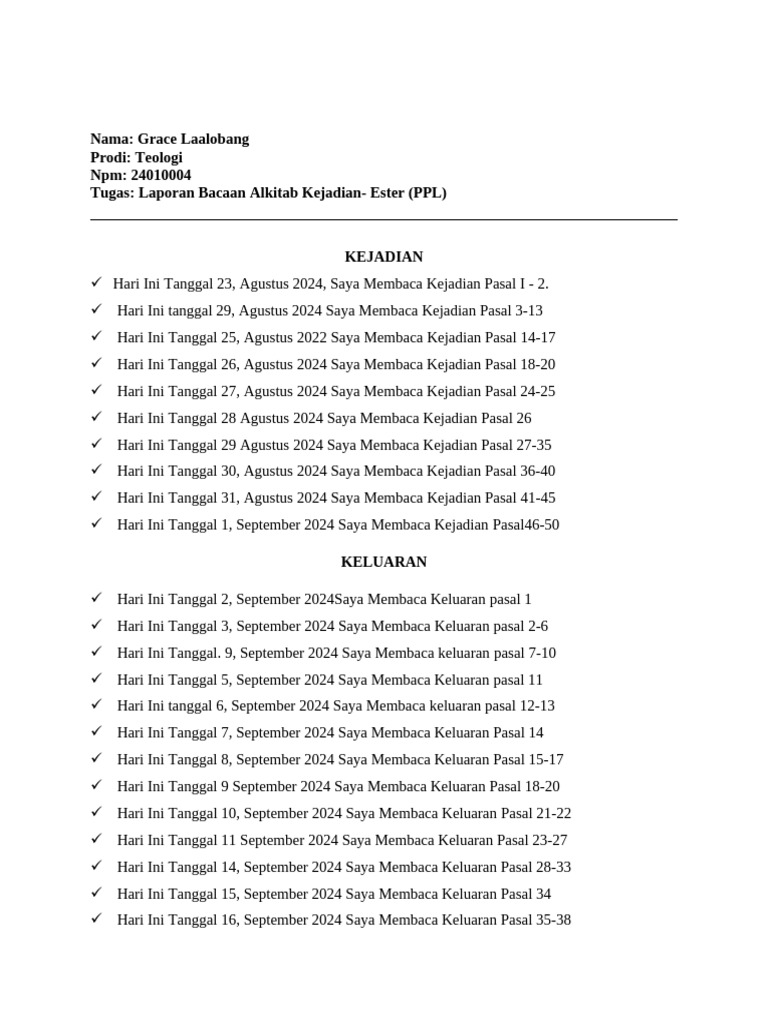 Laporan Bacaan Alkitab (Grace) 2 | PDF