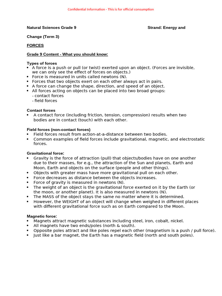 Grade 9 Forces: Term 3 Overview | PDF | Force | Series And Parallel ...