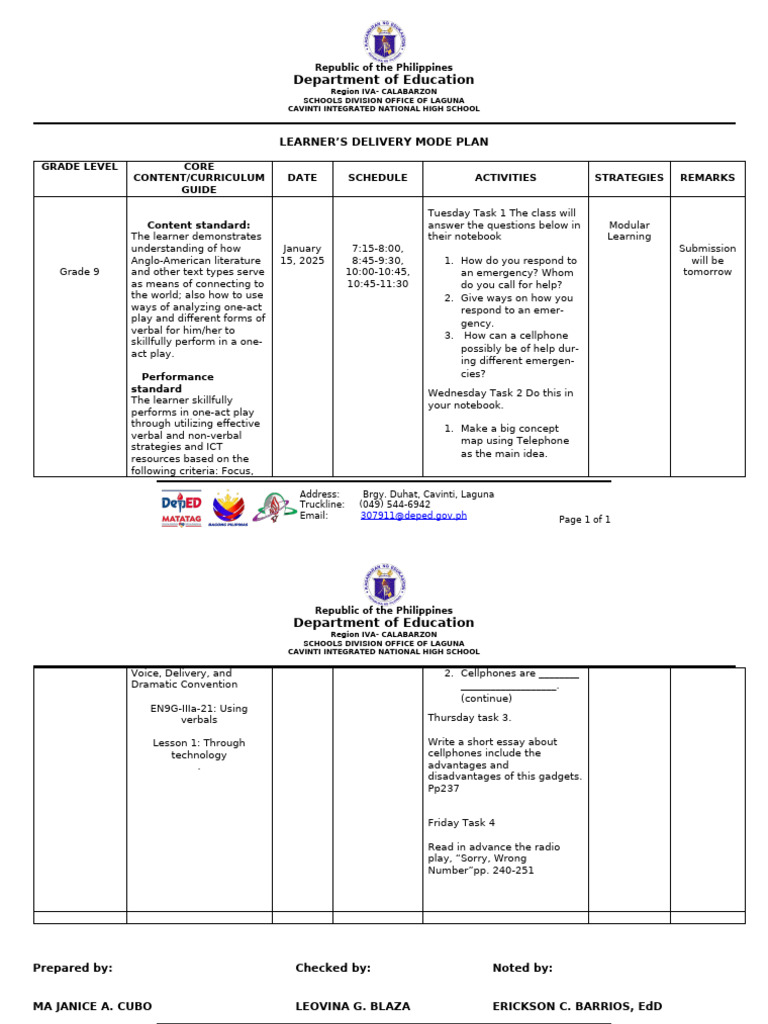 LEARNING-PLAN-eng.9 3rd q3wik1 | PDF | Teaching | Behavior Modification