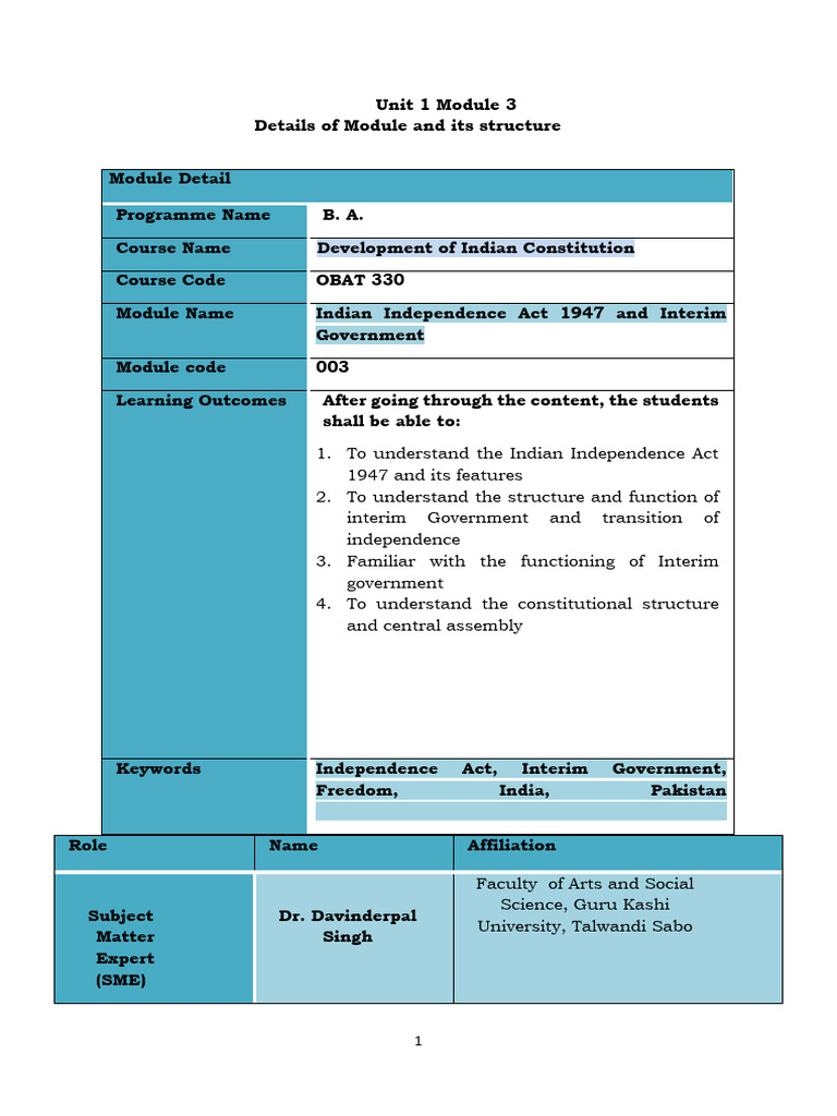Unit 1 Module 3 BA 3 Sem | PDF | Partition Of India | All India Muslim League