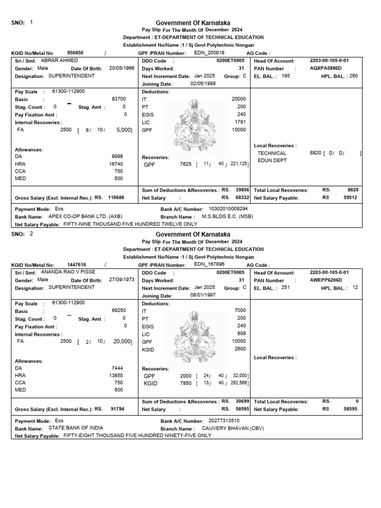 December 2024 Pay Slips Summary | PDF | Banks