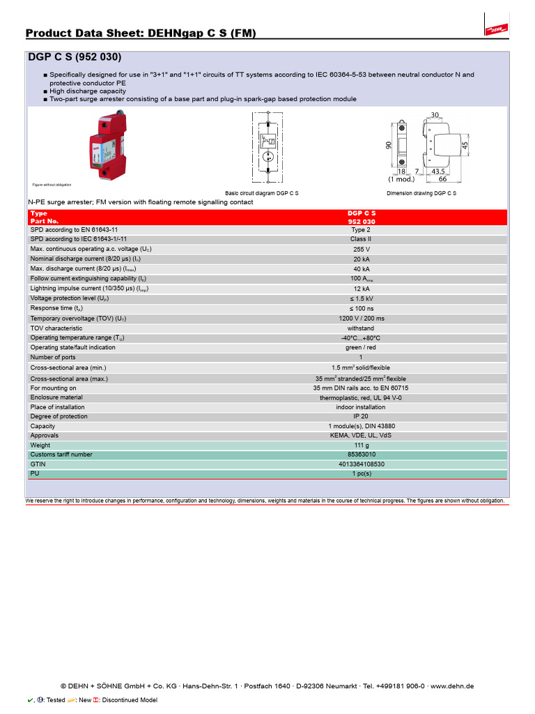 DEHNgap C S (FM) Surge Arrester Data | PDF | Power (Physics) | Power ...