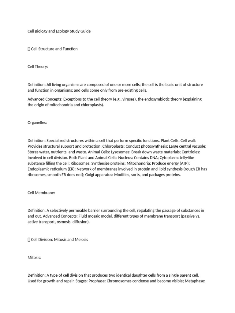 Cell Biology and Ecology Study Guide | PDF | Meiosis | Cell (Biology)