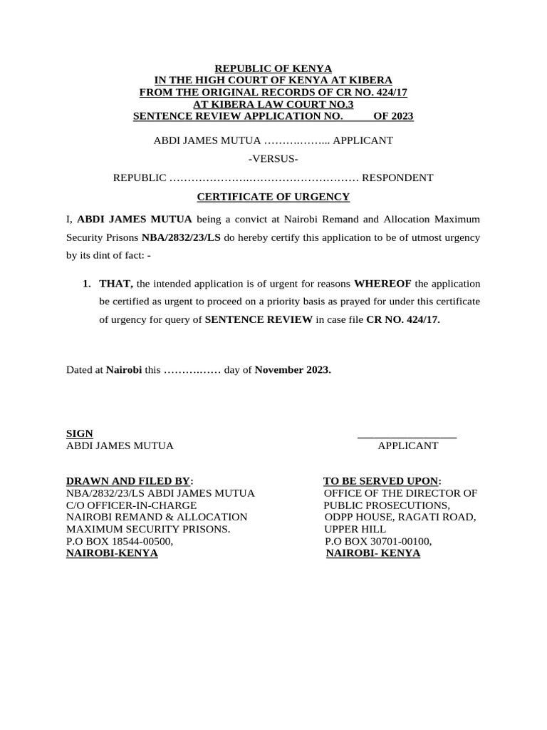 Urgent Sentence Review for Abdi Mutua | PDF | Bail | Crimes