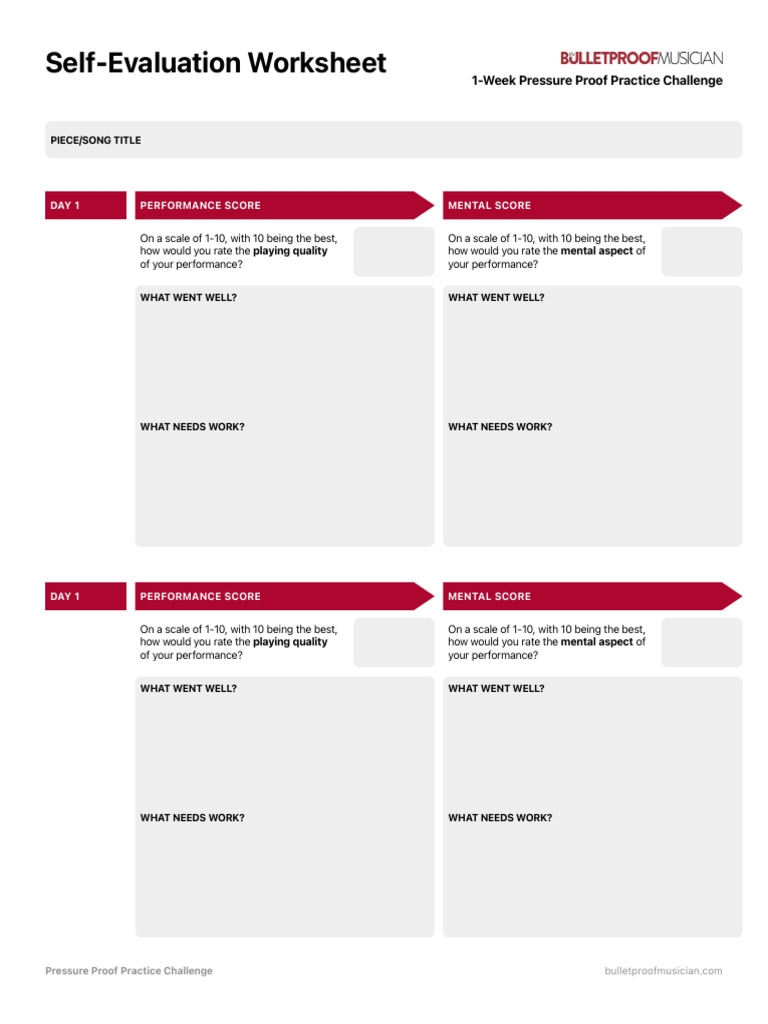 Pressure Proof Practice Challenge Self Evaluation Worksheet | PDF