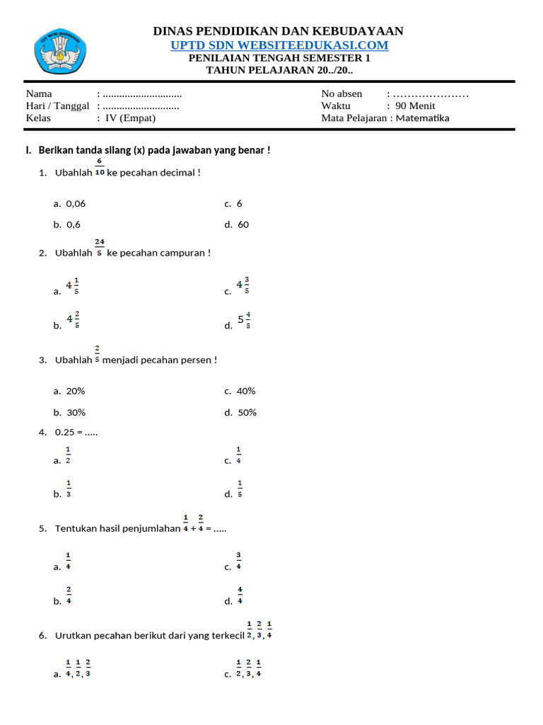Soal PTS MTK Kelas 4 - 2 | PDF