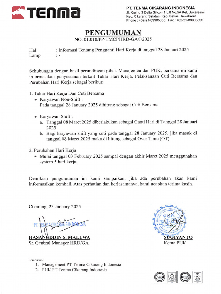 Pengumuman Informasi Tentang Pengganti Hari Kerja | PDF