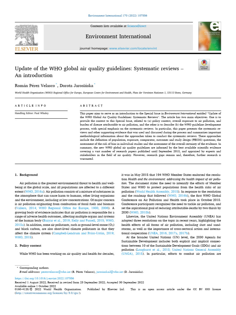 Update of The WHO Global Air Quality Guidelines Systematic Reviews An ...