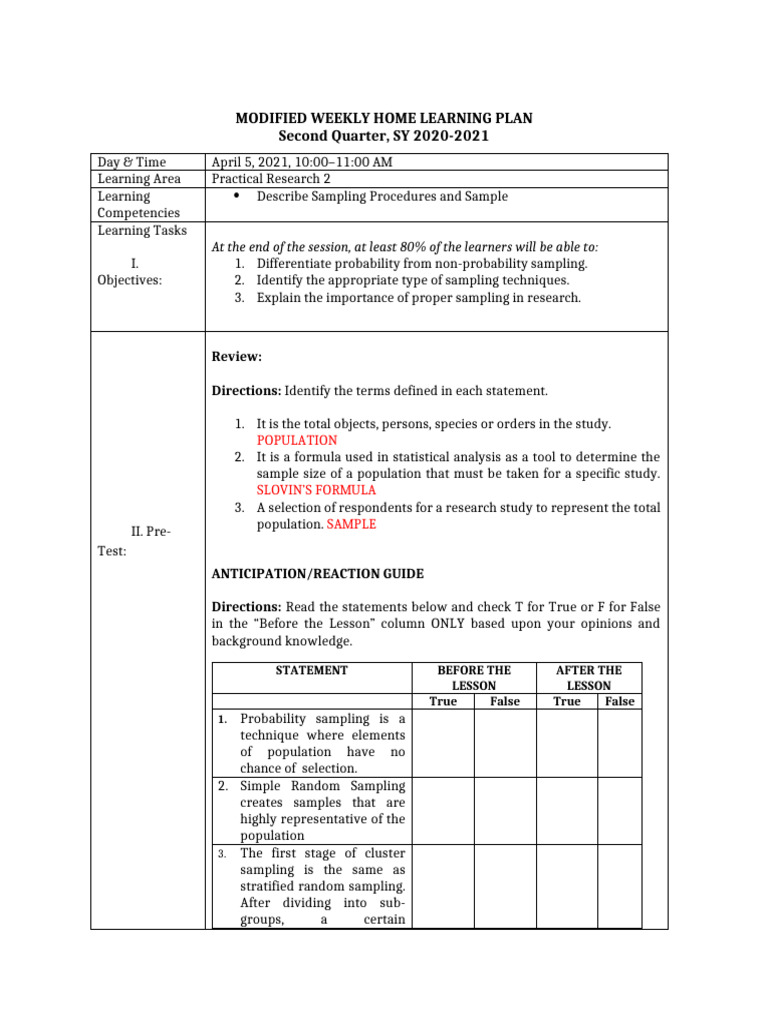Cot - Modified Weekly Home Learning Plan | PDF | Sampling (Statistics) | Cognition