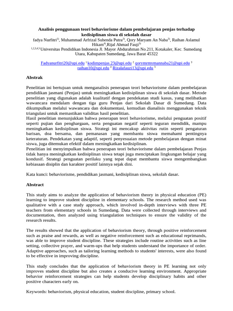 Analisis Penggunaan Teori Behaviorisme Dalam Pembelajaran Penjas Terhadap Kedisiplinan Siswa Di ...