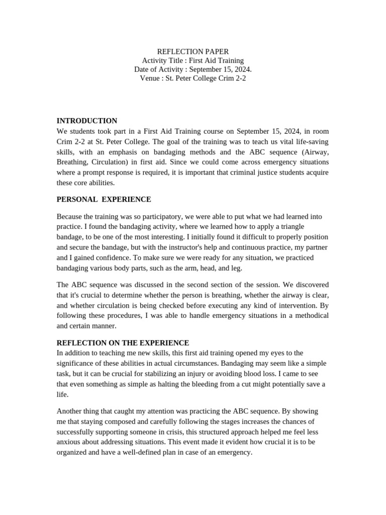 Reflection-Paper-First-Aid 1 | PDF | First Aid