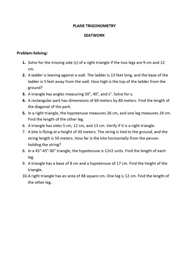 Seatwork 1 Plane Trigonometry | PDF
