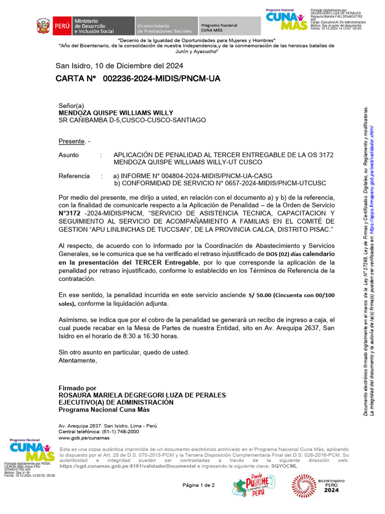 Penalidad por Retraso en Entregable Cuna Más | PDF