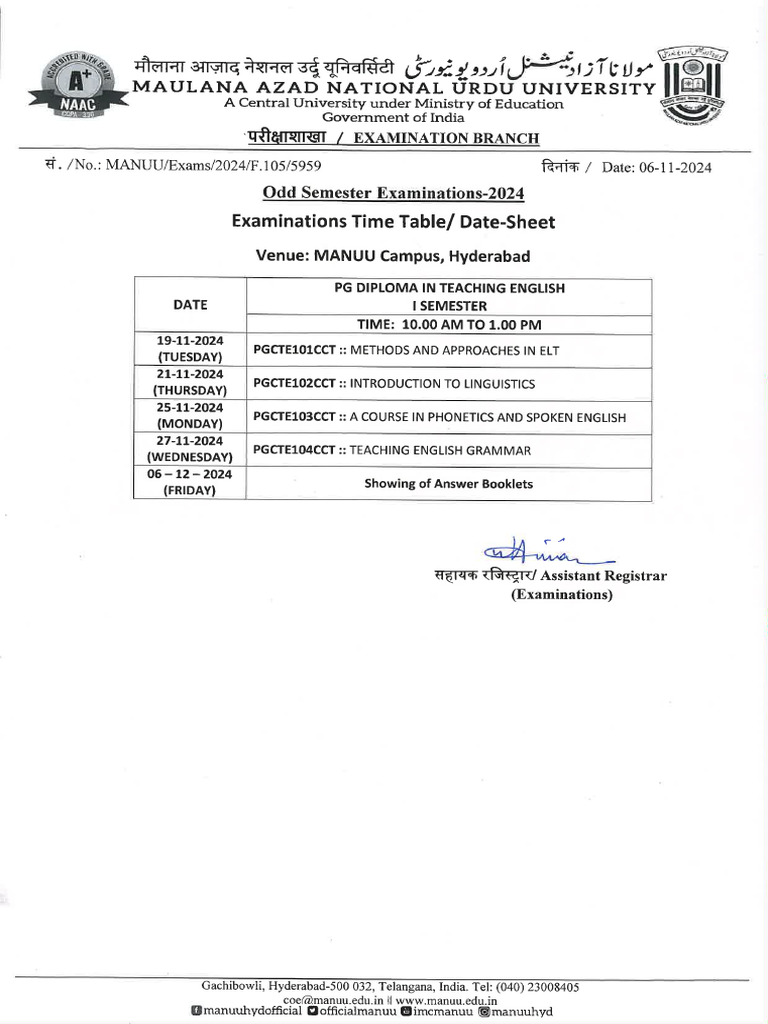 PG Diploma in Teching English I Sem Time Table | PDF