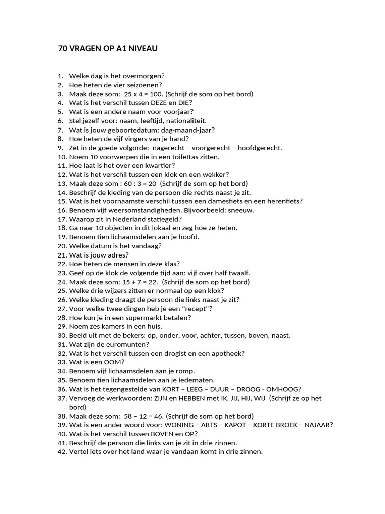70 Vragen Op A1 Niveau | PDF