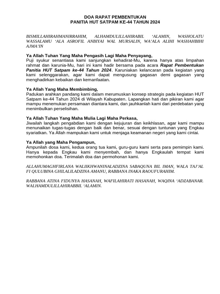 Doa Rapat Panitia HUT Satpam | PDF