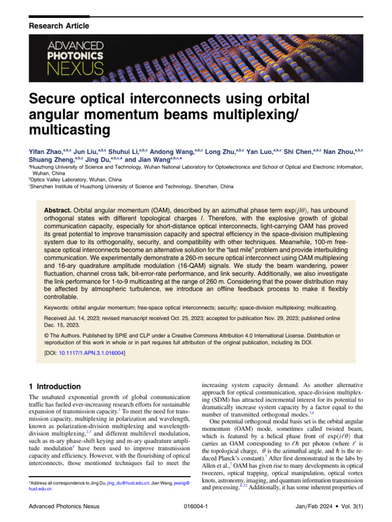 Secure Optical Interconnects Using Orbital Angular Momentum Pdf Electromagnetic Radiation