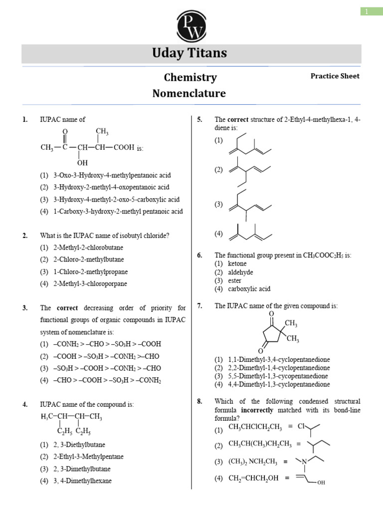 Nomenclature _ Practice Sheet __ Uday Titans | PDF | Carboxylic Acid ...
