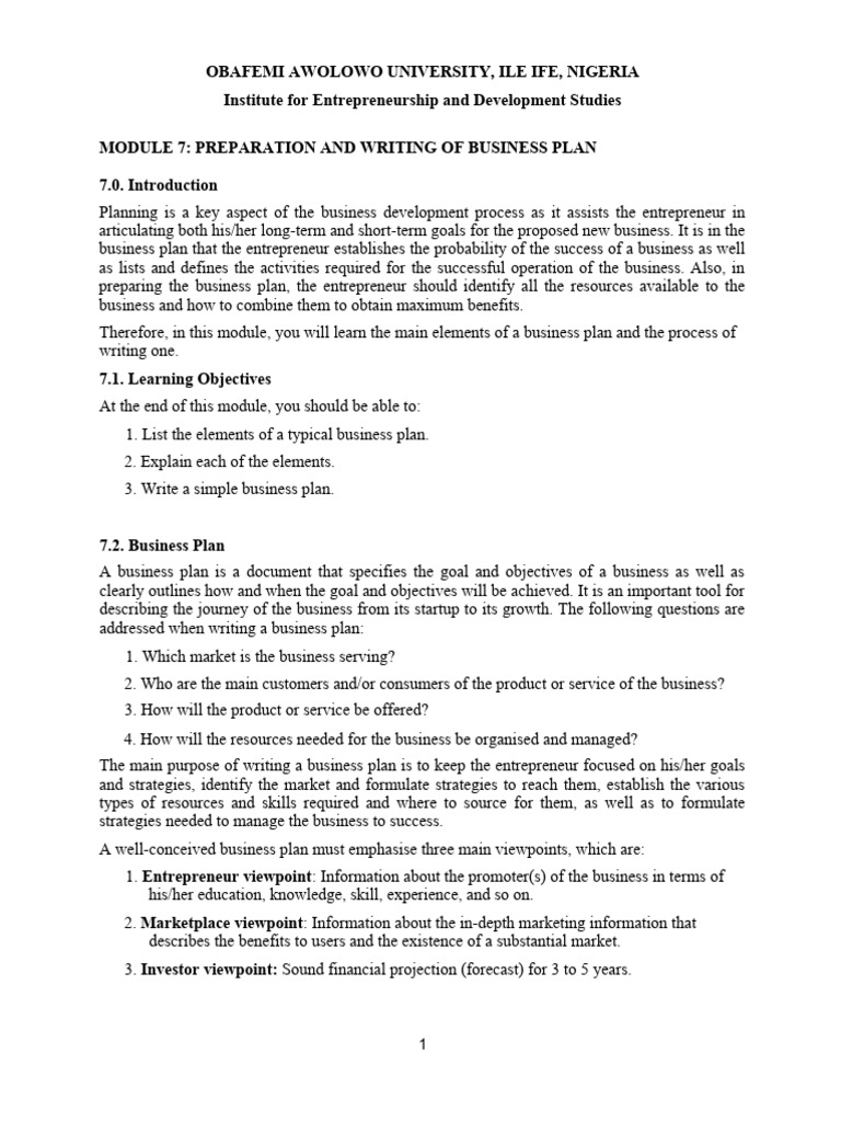 Module 7 - Business plan | PDF | Entrepreneurship | Market (Economics)