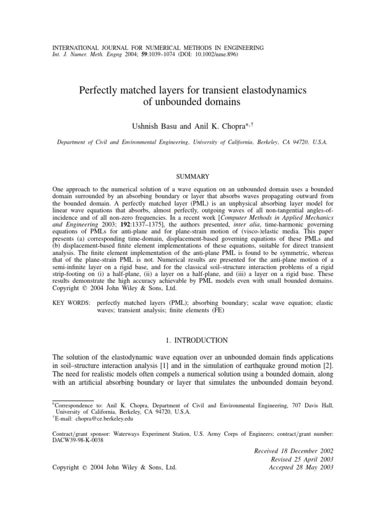 Numerical Meth Engineering - 2004 - Basu - Perfectly Matched Layers For Transient Elastodynamics ...
